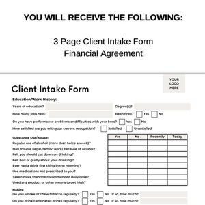 Counseling Intake Form, Therapy Client Intake Form, Financial Agreement ...