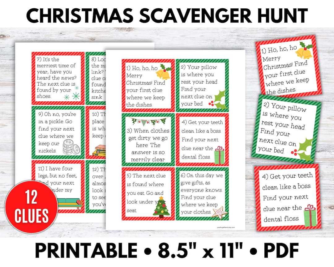 Printable Christmas Scavenger Hunt Cards, Scavenger Hunt Clues ...