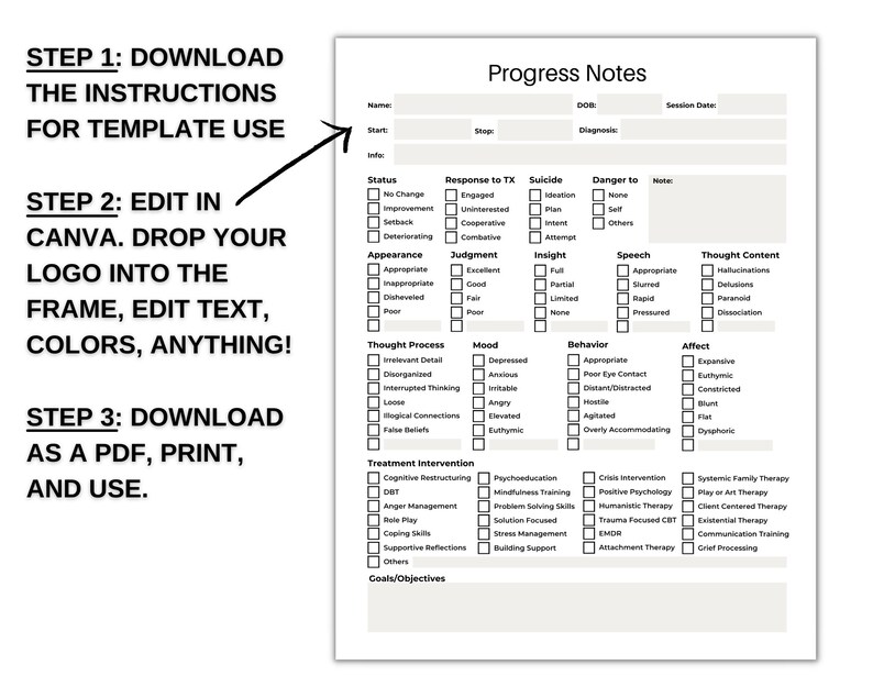 Progress Notes for Therapists, Therapist Paperwork, Editable in Canva ...