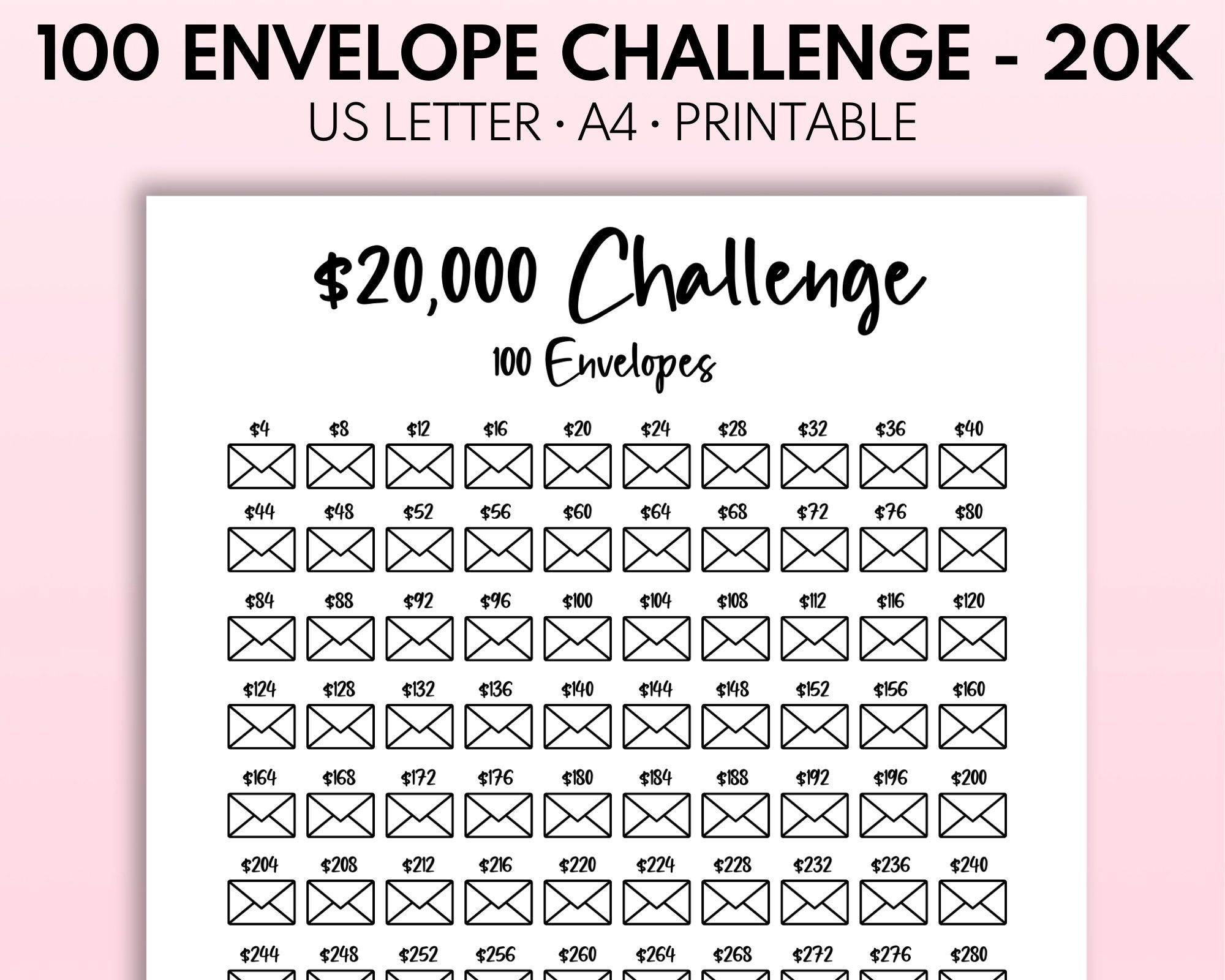 20k 100 Envelope Challenge Printable, 20,000 Savings Tracker, 20k ...