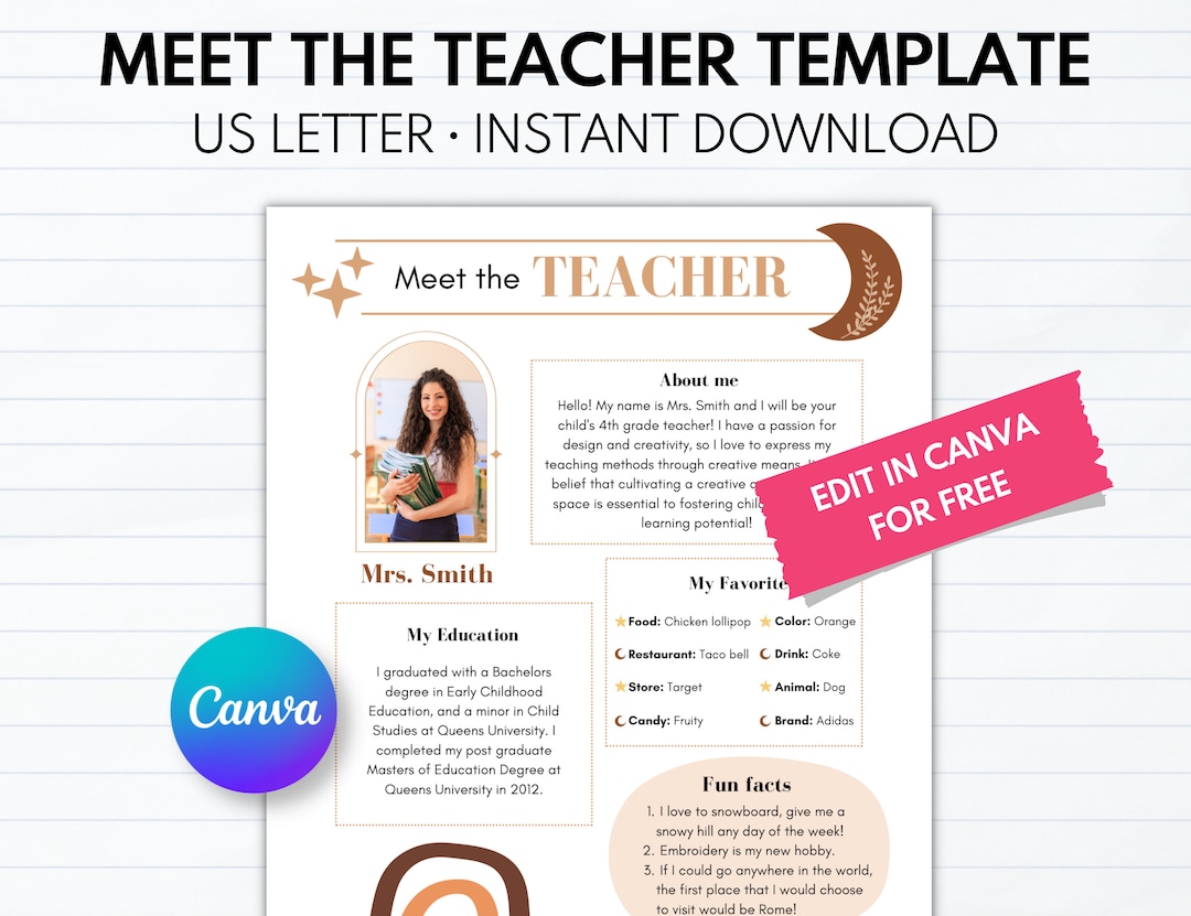 Editable Meet the Teacher Template, Boho Classroom, Canva Template, All ...
