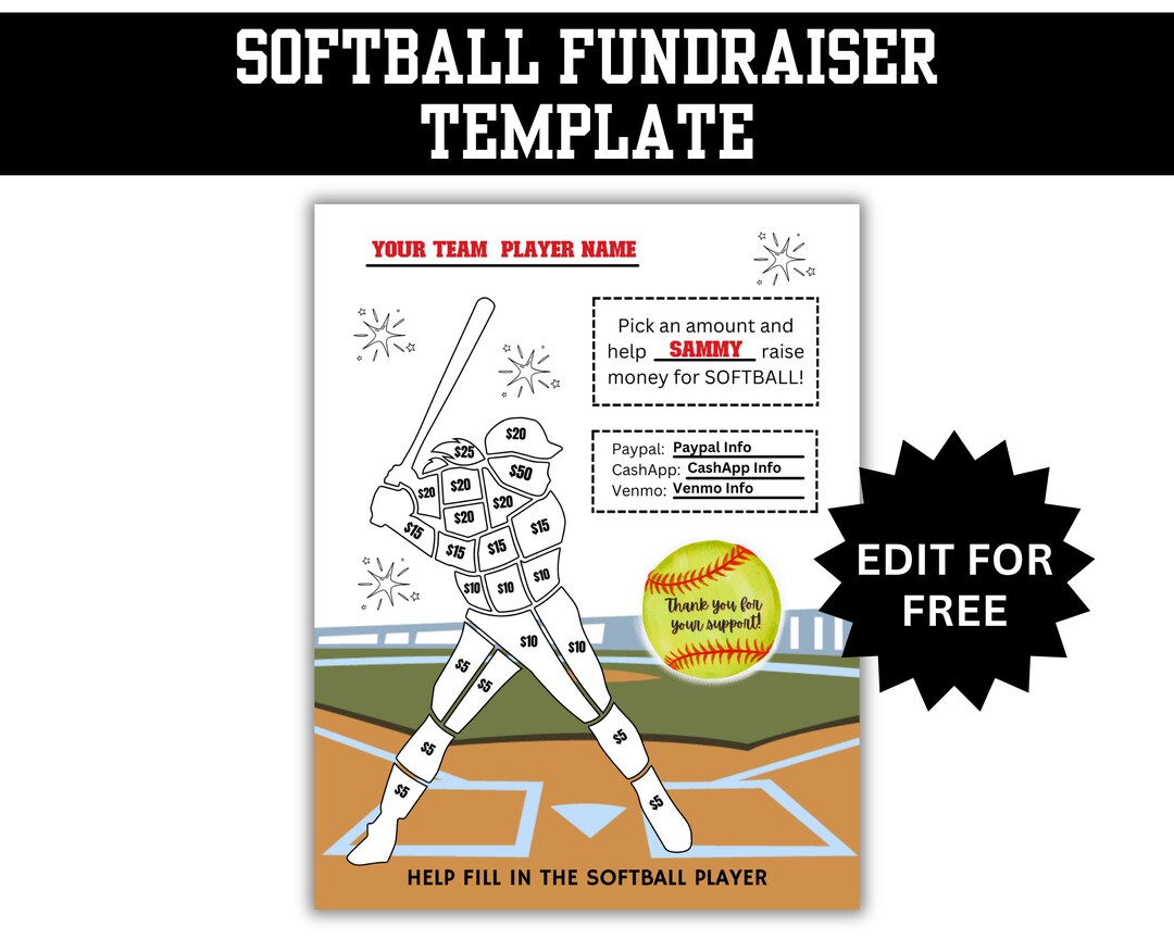 Editable Softball Player Fill in Fundraiser, Softball Fundraiser Sheet ...