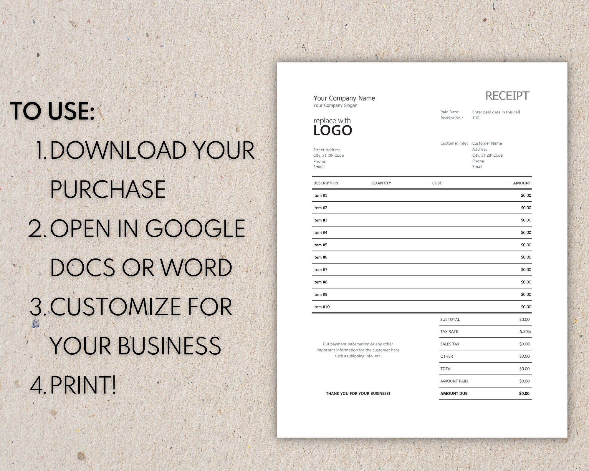 Receipt Template Receipt Form Receipt for Word Receipt for | Etsy Canada