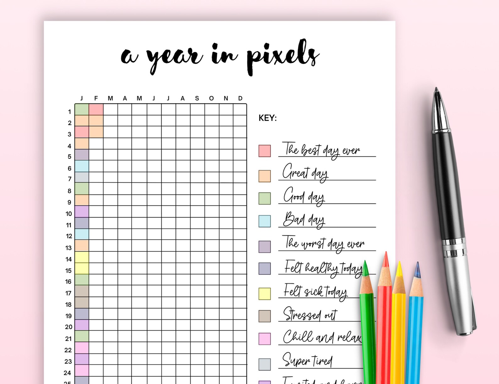 A Year in Pixels Printable, Mood Tracker, Emotion Tracker, Wellness ...