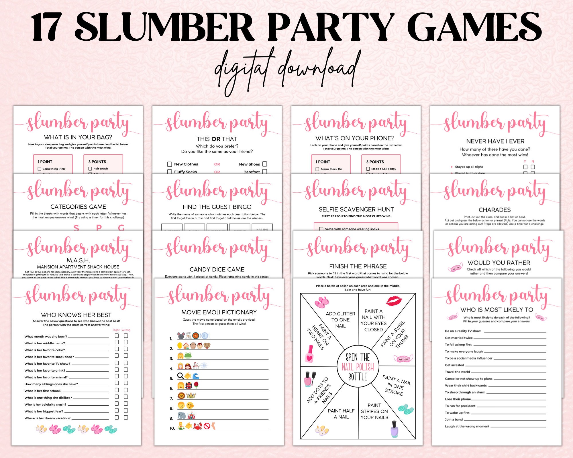 Slumber Party Games Sleepover Party Birthday Party Games - Etsy