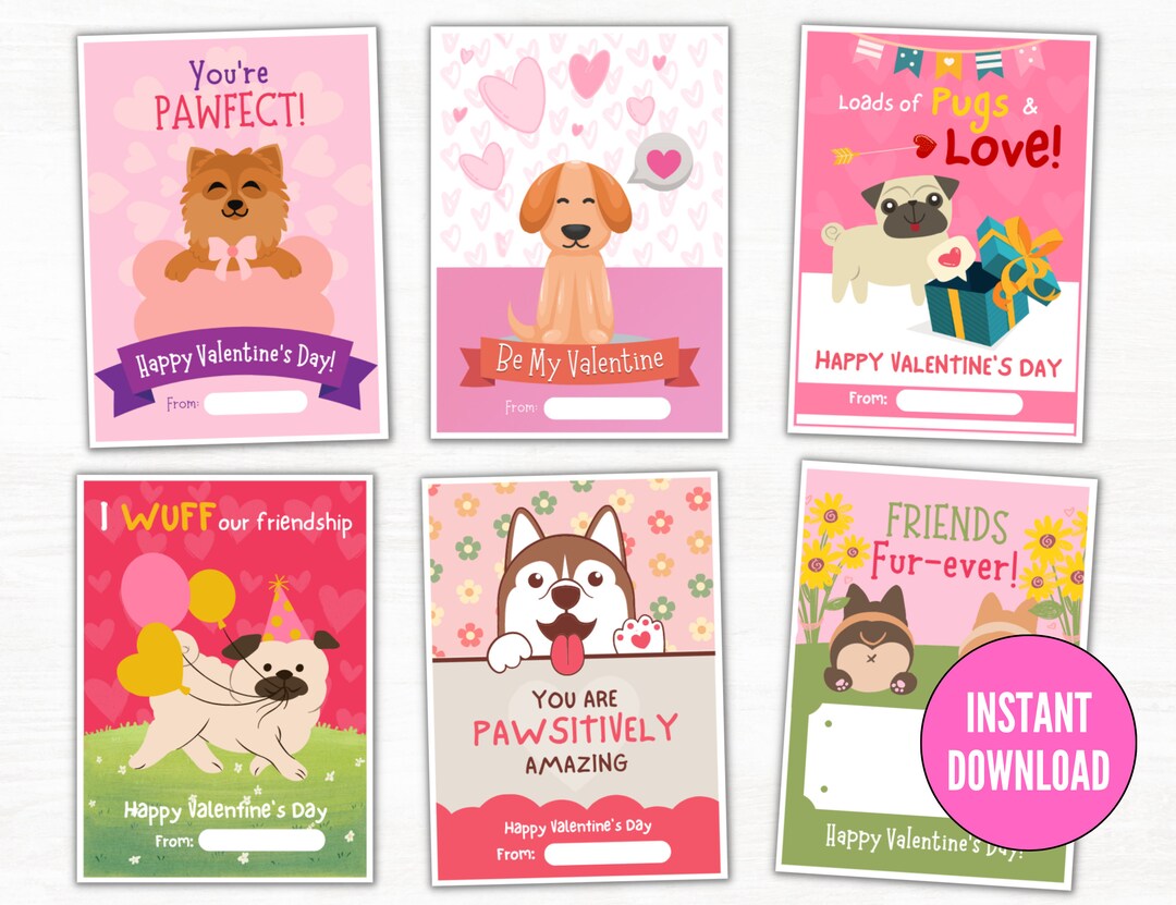 Classroom Valentine, Dog Valentine's Day Card, Printable Valentine's ...