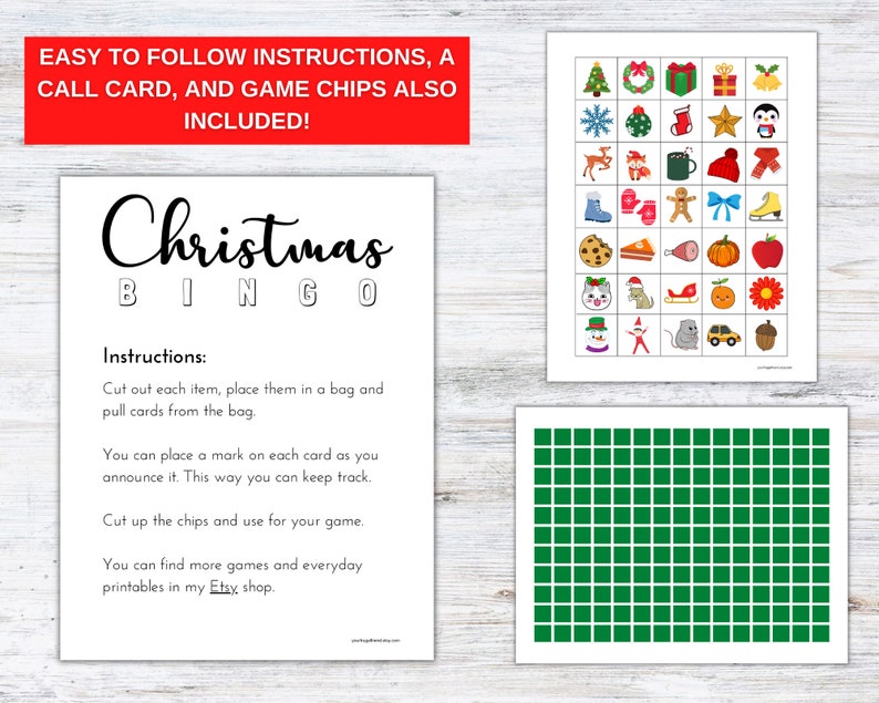 Christmas Printable Bingo Cards Includes Calling Card and Chips ...