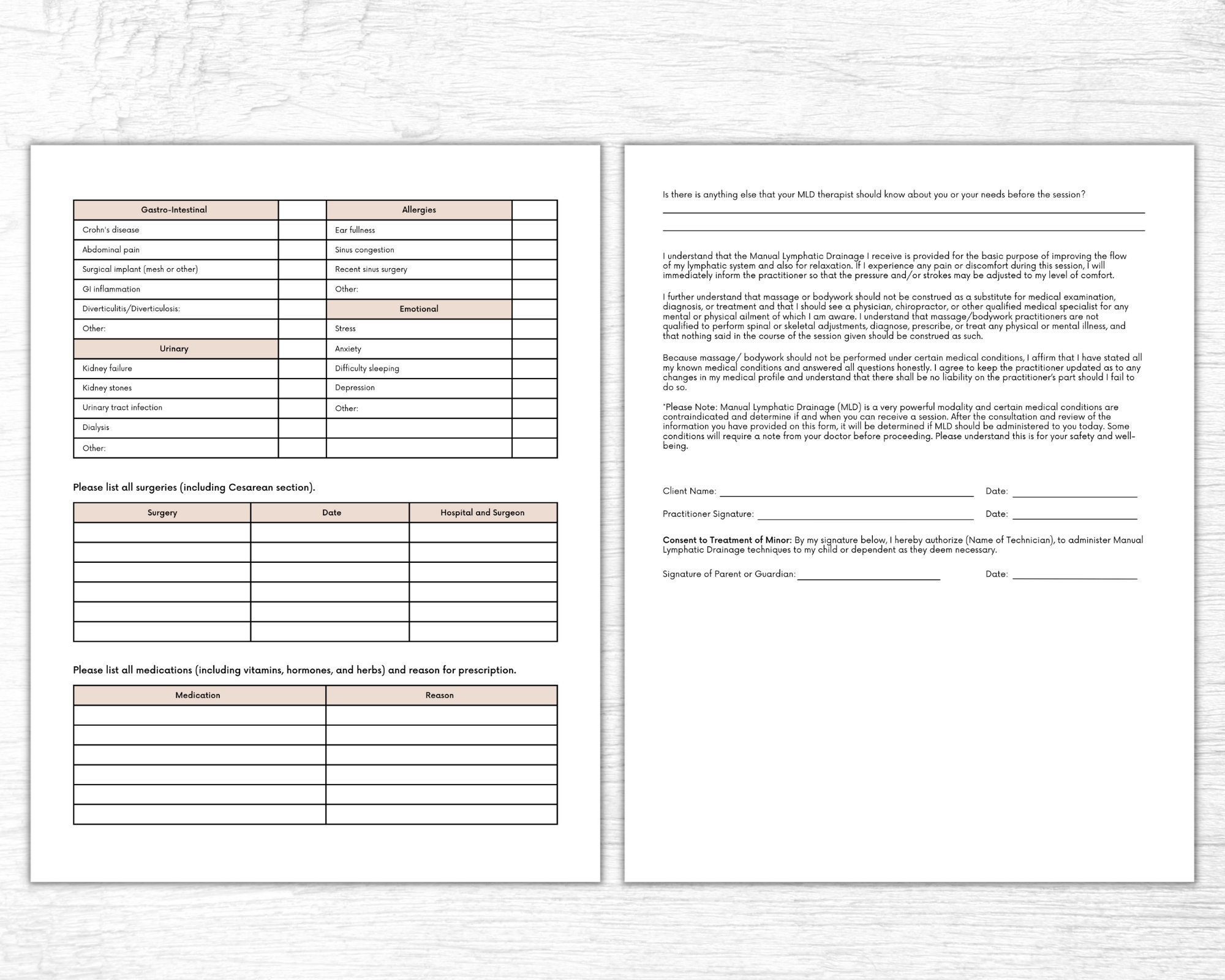 Editable MLD Manual Lymphatic Drainage Intake Form Informed - Etsy