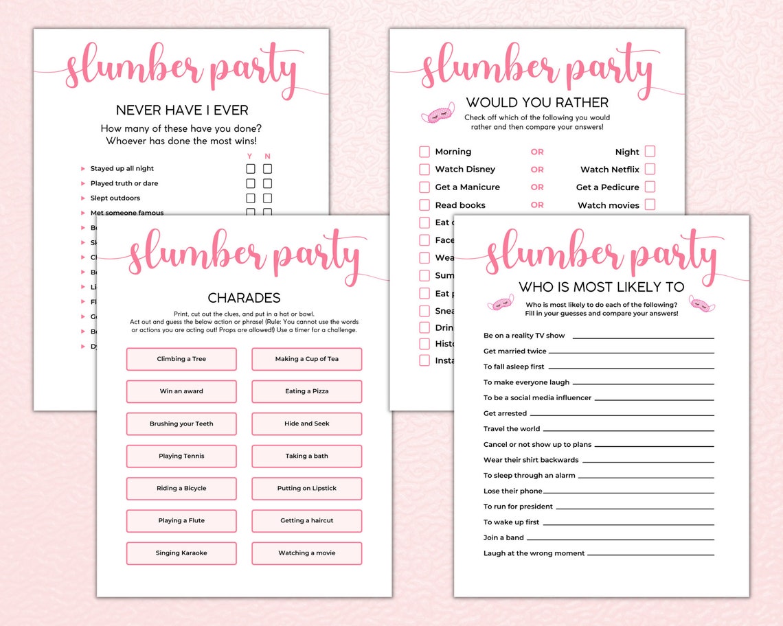 Slumber Party Games, Sleepover Party, Birthday Party Games, Printable ...