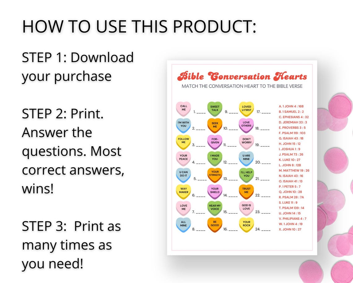God's Conversation Hearts Bible Match Game, Church Game, Bible Verse ...