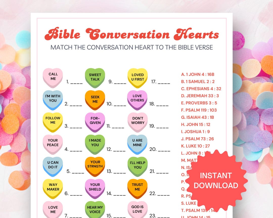 God's Conversation Hearts Bible Match Game, Church Game, Bible Verse ...