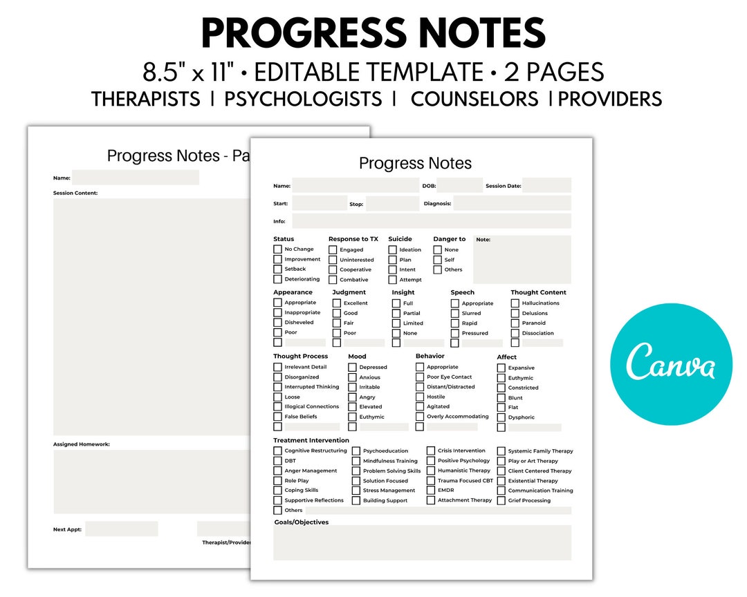Progress Notes for Therapists, Therapist Paperwork, Editable in Canva ...