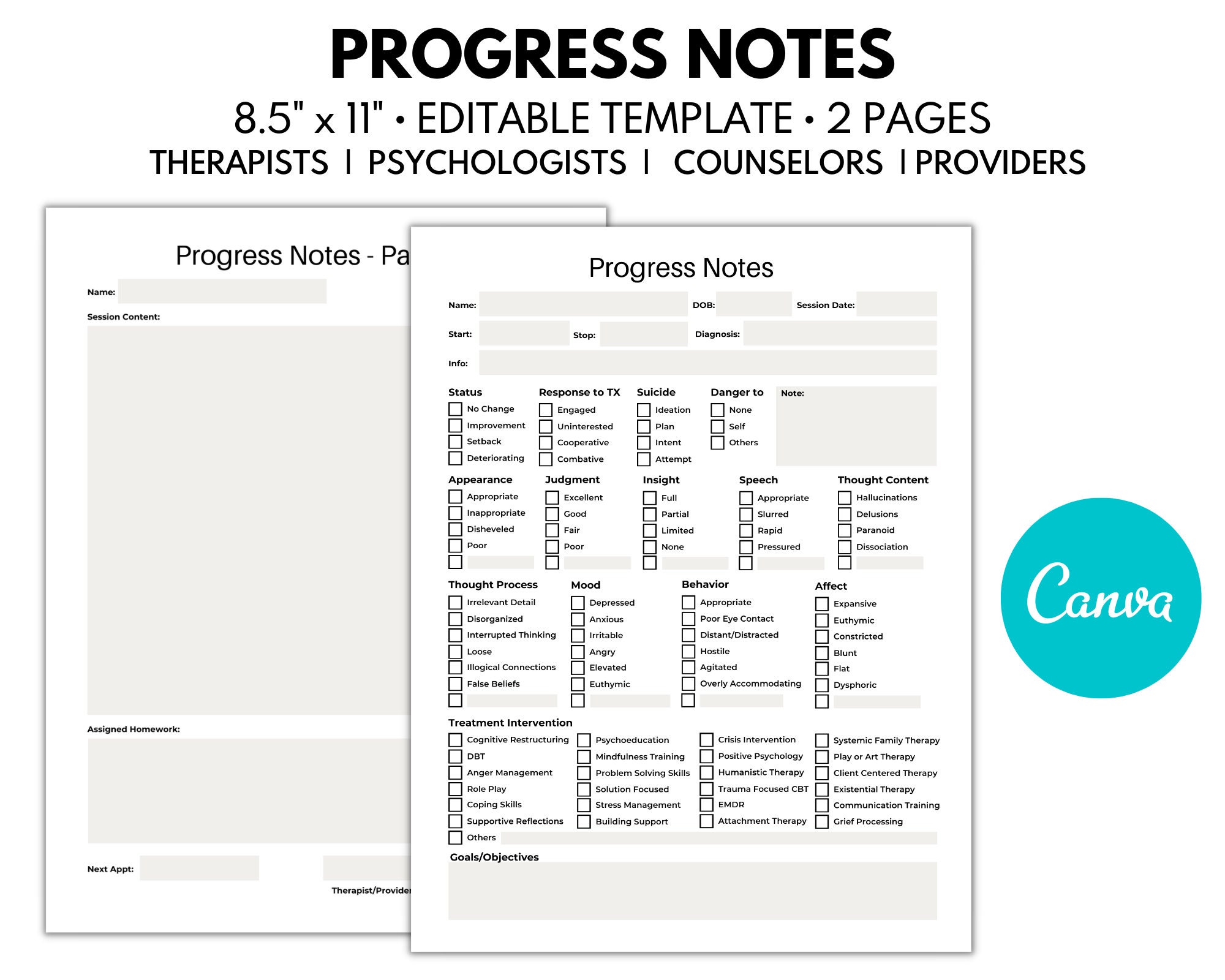 Progress Notes for Therapists Therapist Paperwork Editable - Etsy