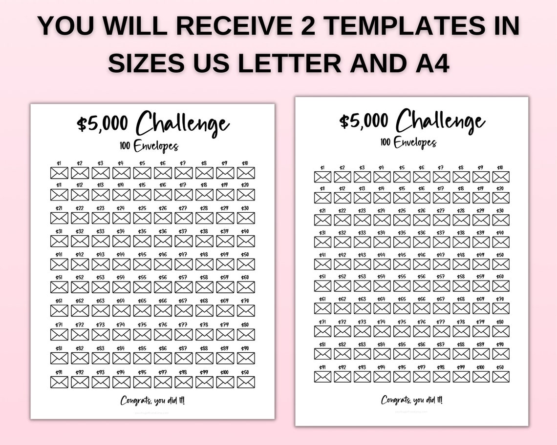 5k 100 Envelope Challenge Printable, 5,000 Savings Tracker, 5k ...