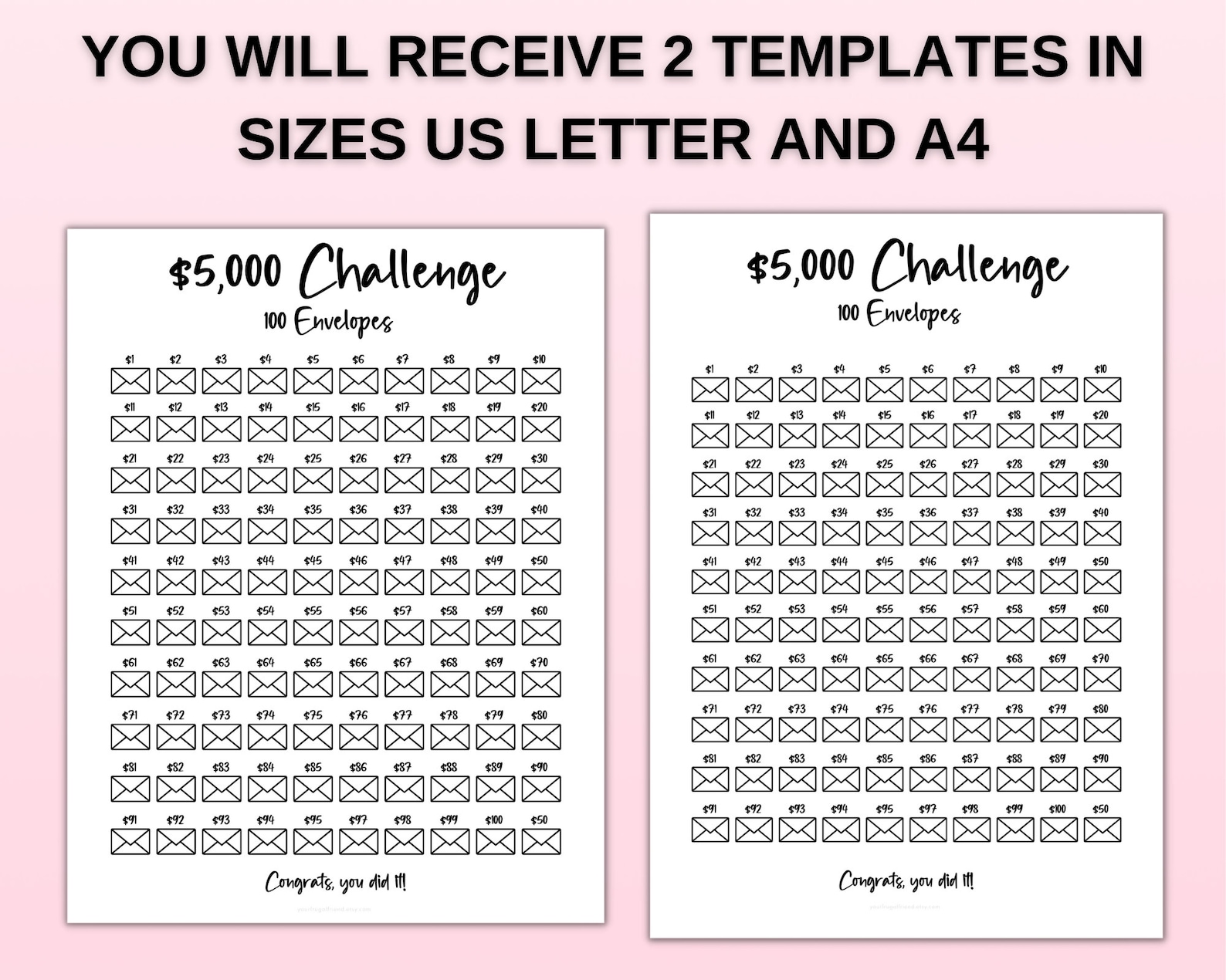 5k 100 Envelope Challenge Printable, 5,000 Savings Tracker, 5k ...