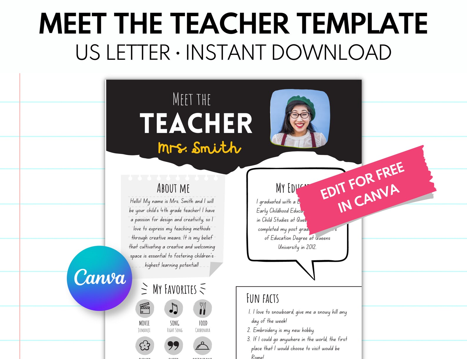 Editable Meet the Teacher Template Canva Template All About - Etsy