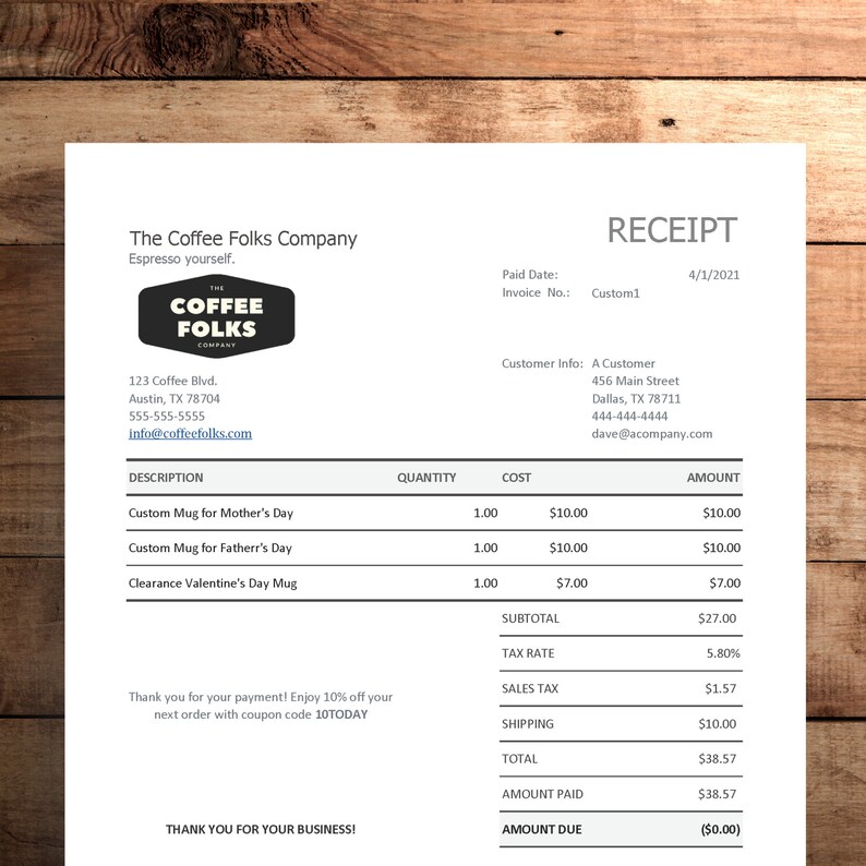 Receipt Template Order Receipt Excel Google Sheets | Etsy