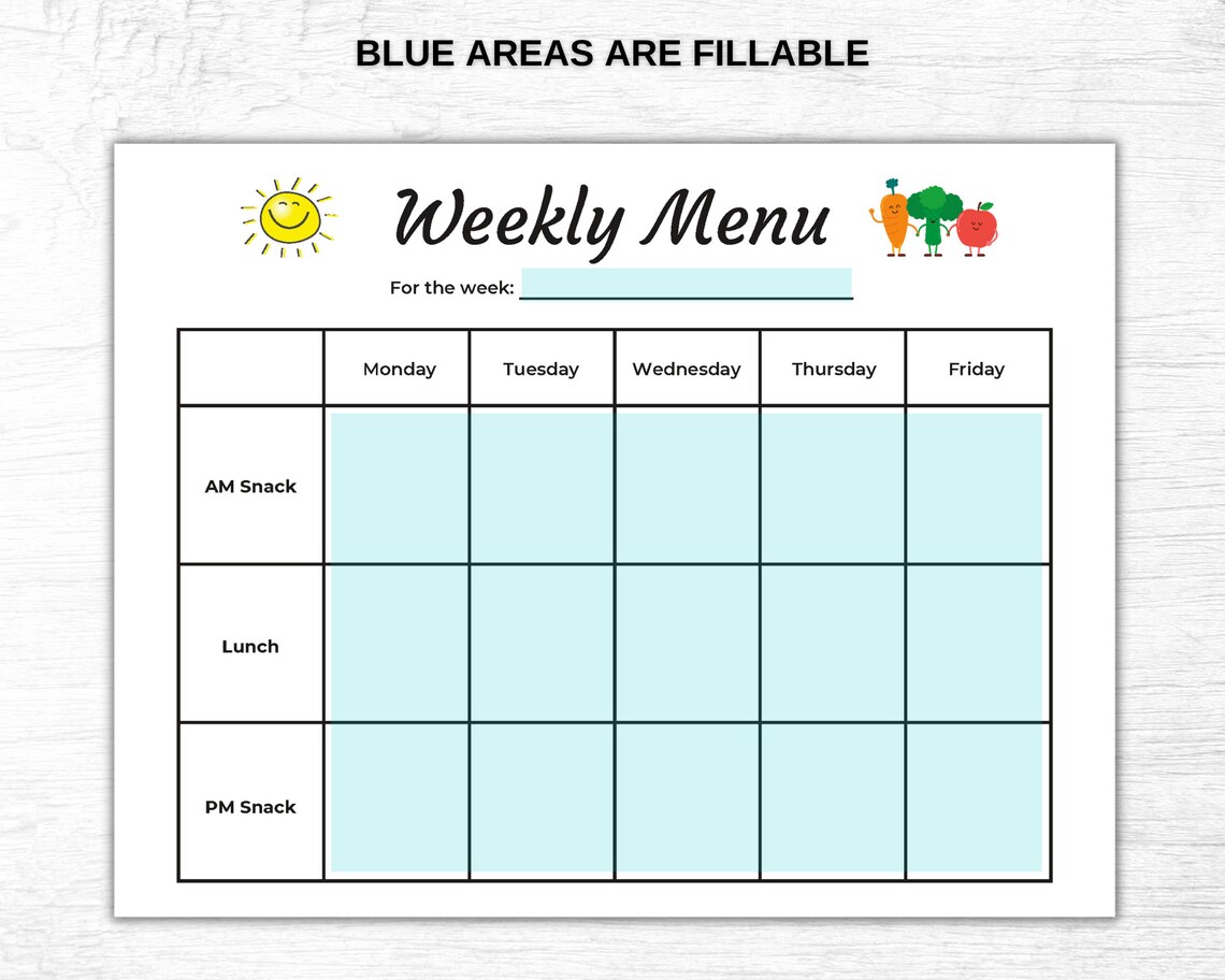 Editable Weekly Daycare Menu Preschool Menu Weekly Menu for - Etsy