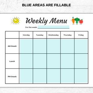 Editable Weekly Daycare Menu Preschool Menu Weekly Menu for - Etsy