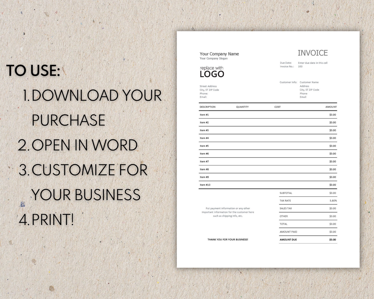 Invoice Template Invoice With Logo Invoice Template Word - Etsy
