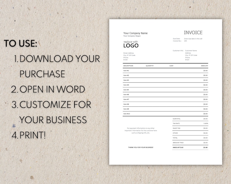 Invoice Template Invoice With Logo Invoice Template Word - Etsy