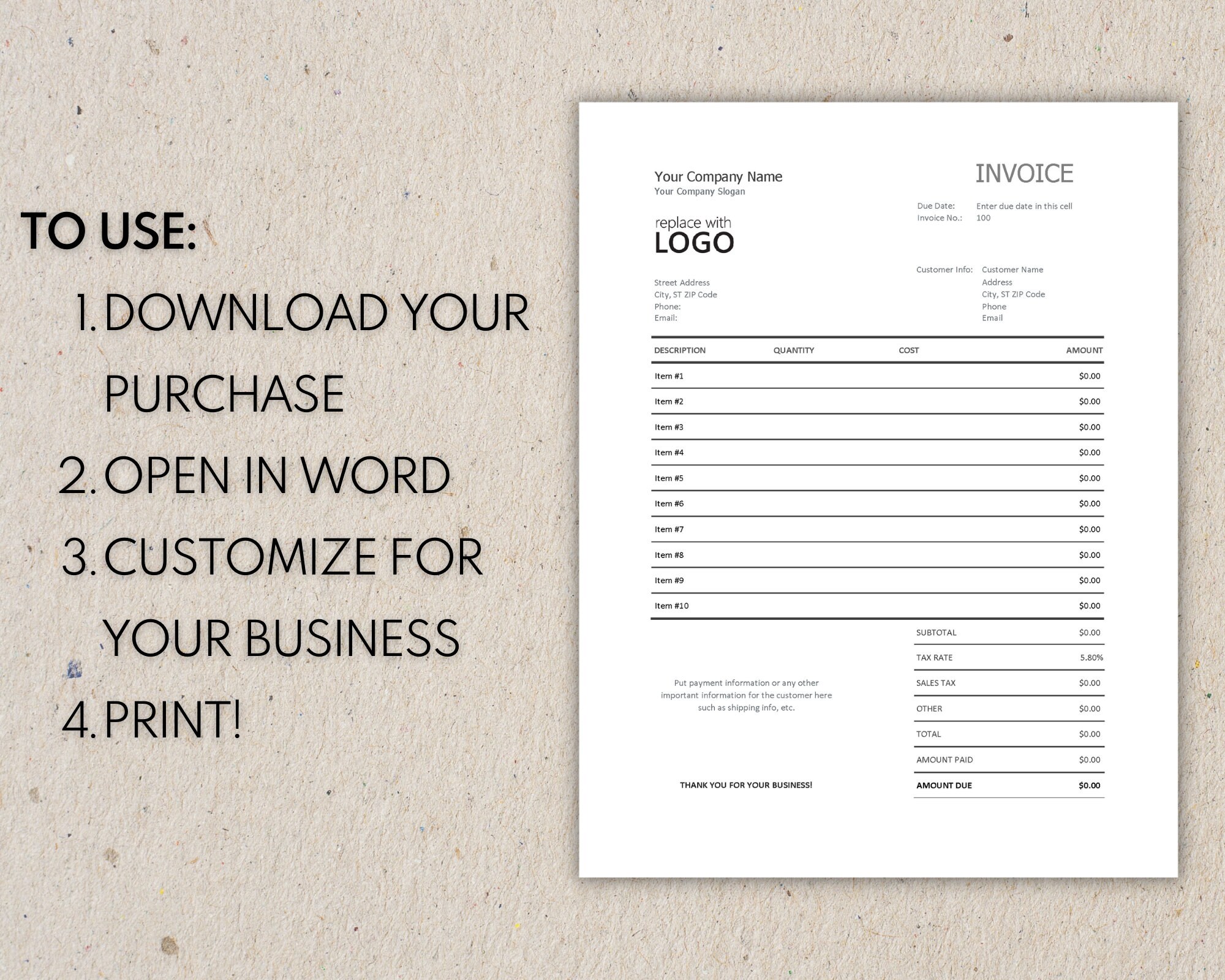 Invoice Template Invoice With Logo Invoice Template Word - Etsy