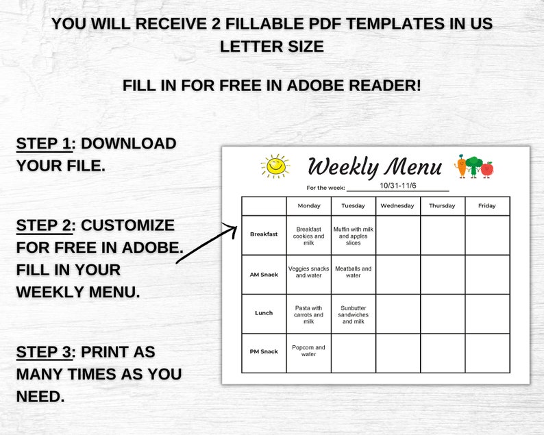 Editable Weekly Daycare Menu Preschool Menu Weekly Menu for - Etsy