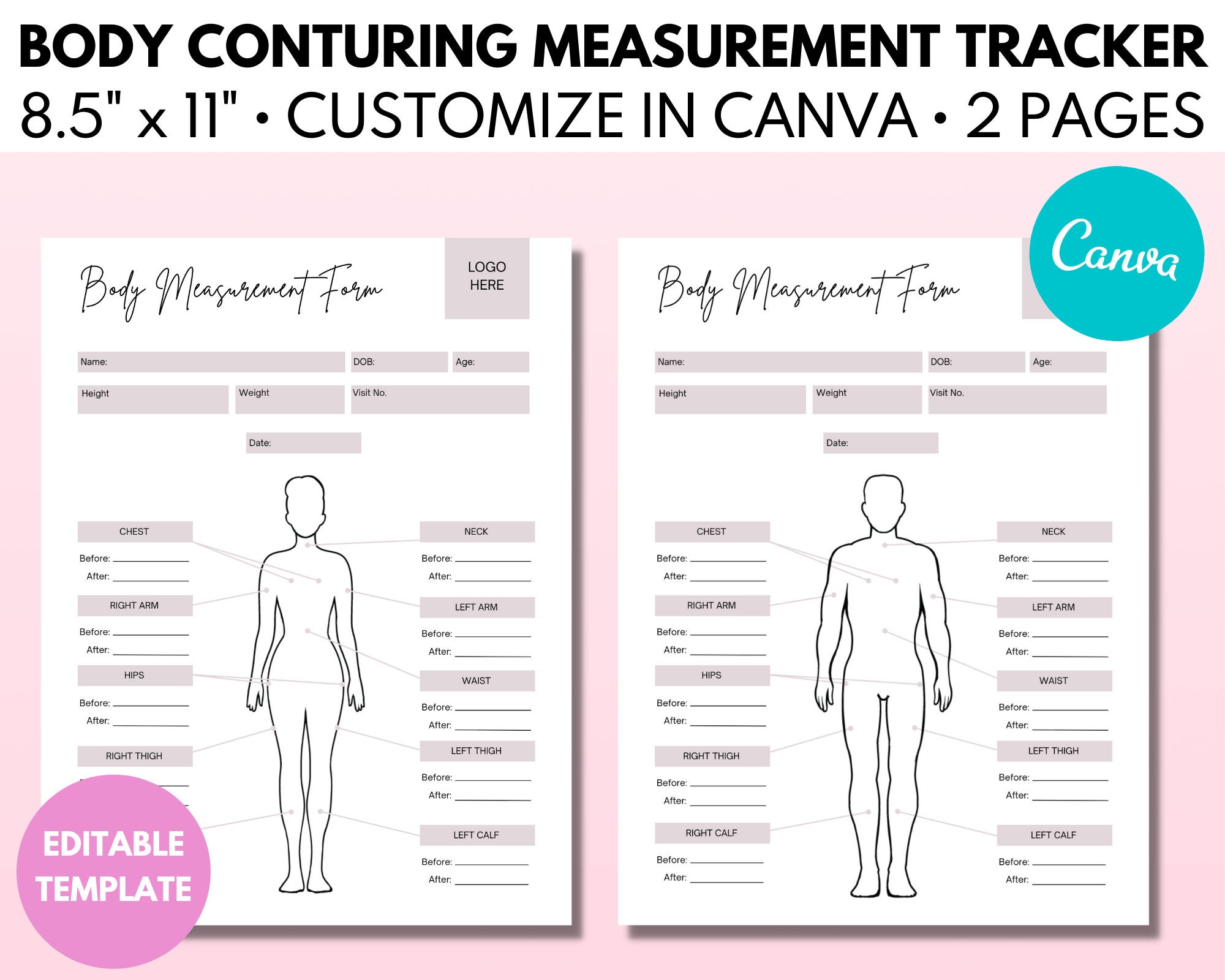 Editable Body Measurement Tracker, Body Contouring, Fat Cavitation ...