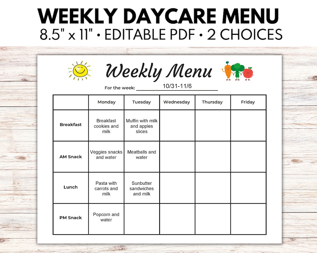 Editable Weekly Daycare Menu, Preschool Menu, Weekly Menu for Daycare ...