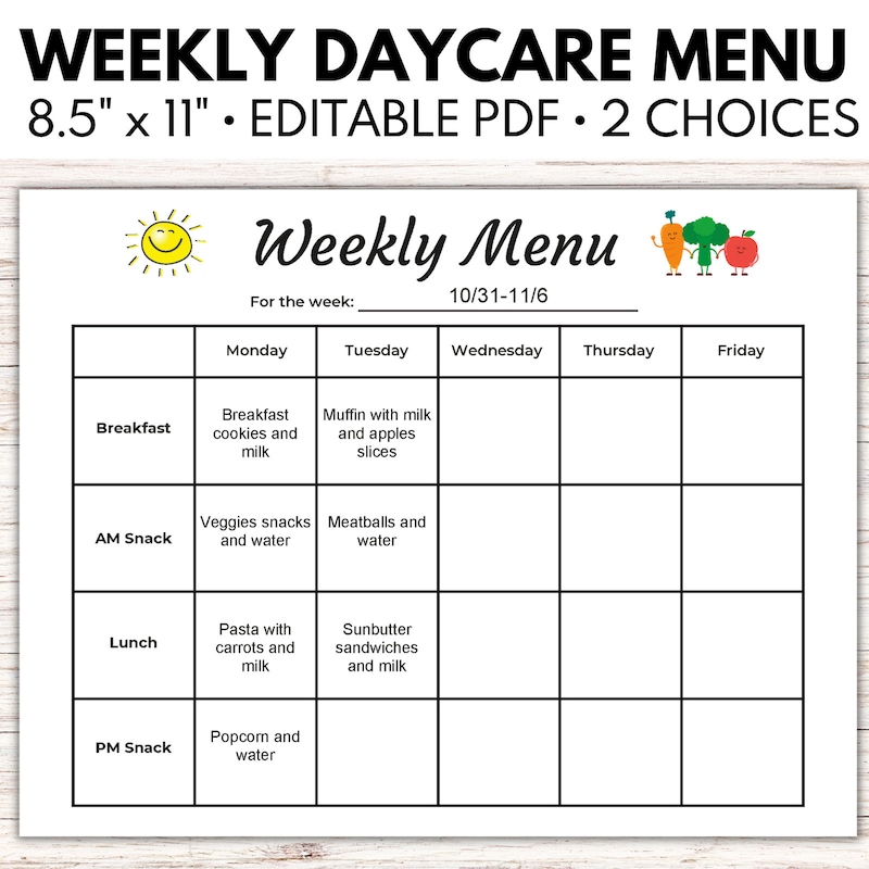 Daycare Menu Template - Etsy