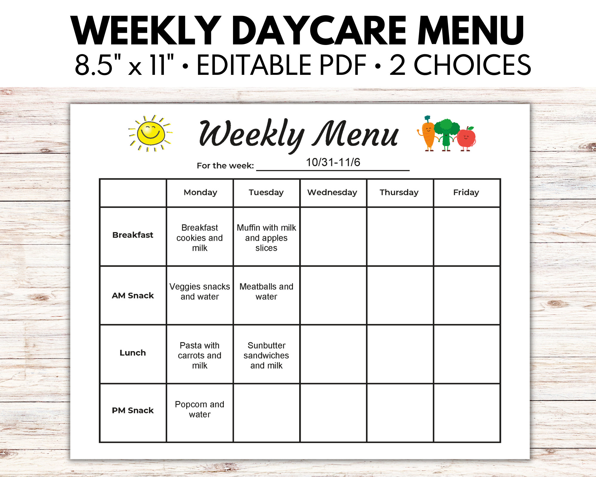 Menú Imprimible Preescolar