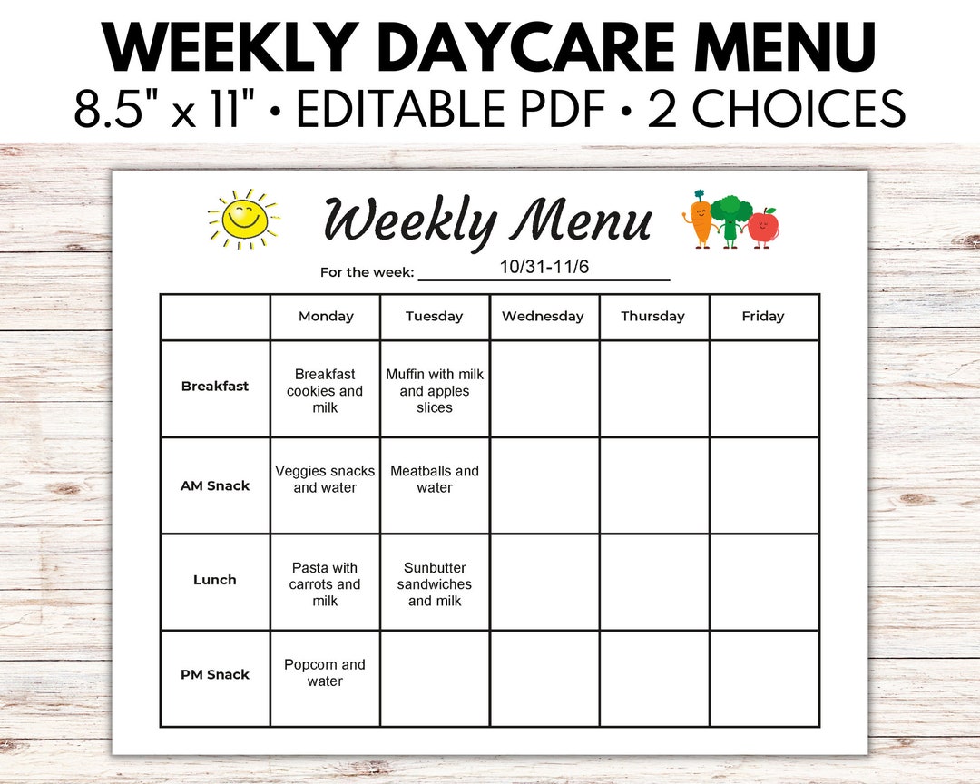 Editable Weekly Daycare Menu Preschool Menu Weekly Menu for - Etsy