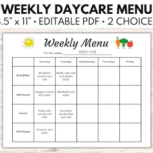 Editable Weekly Daycare Menu Preschool Menu Weekly Menu for - Etsy