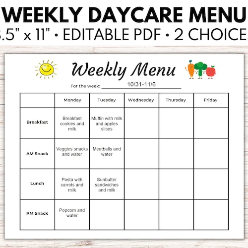 Editable Weekly Daycare Menu Preschool Menu Weekly Menu for - Etsy