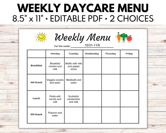 Editable Weekly Daycare Menu Preschool Menu Weekly Menu for - Etsy