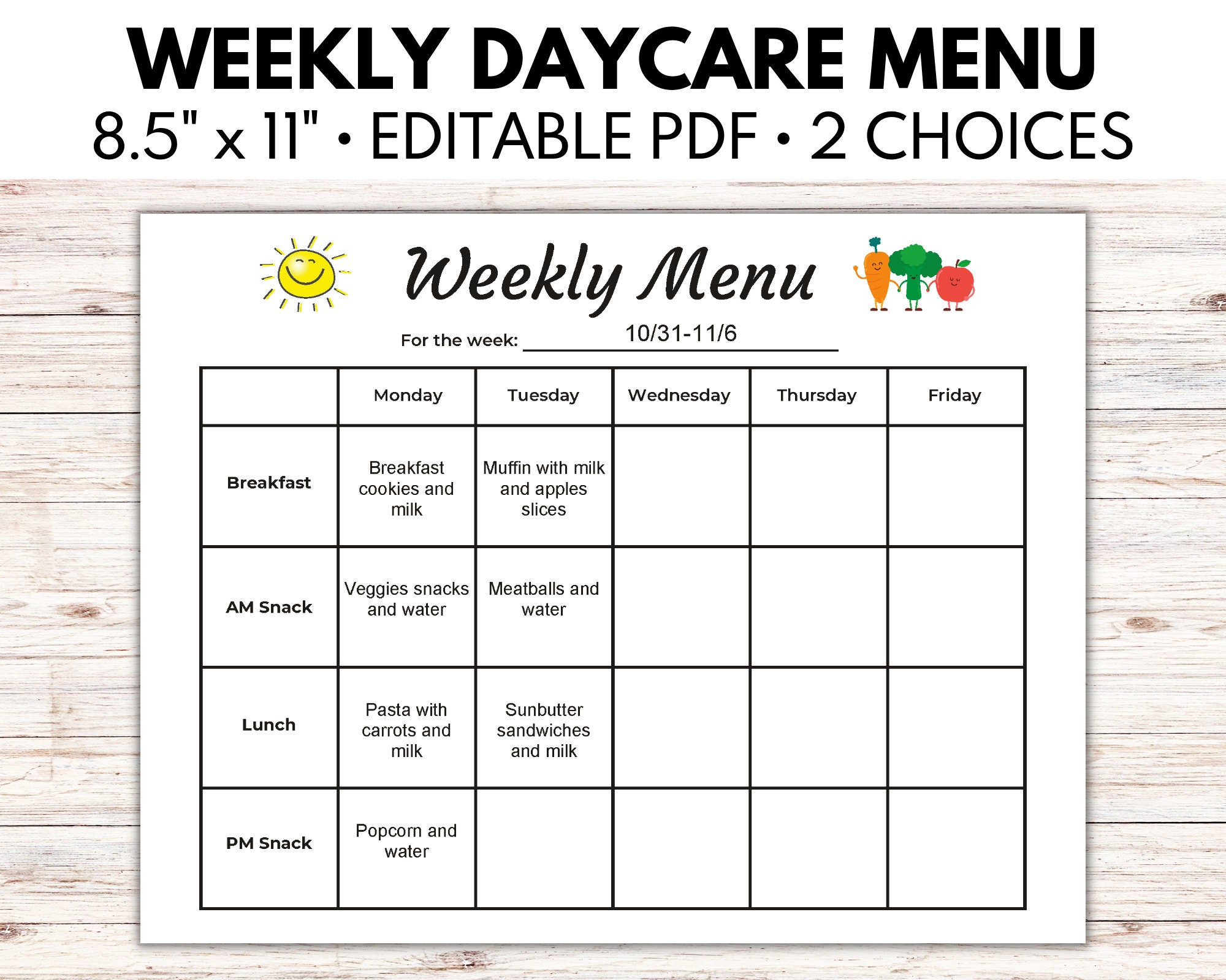 Editable Weekly Daycare Menu Preschool Menu Weekly Menu for - Etsy Canada