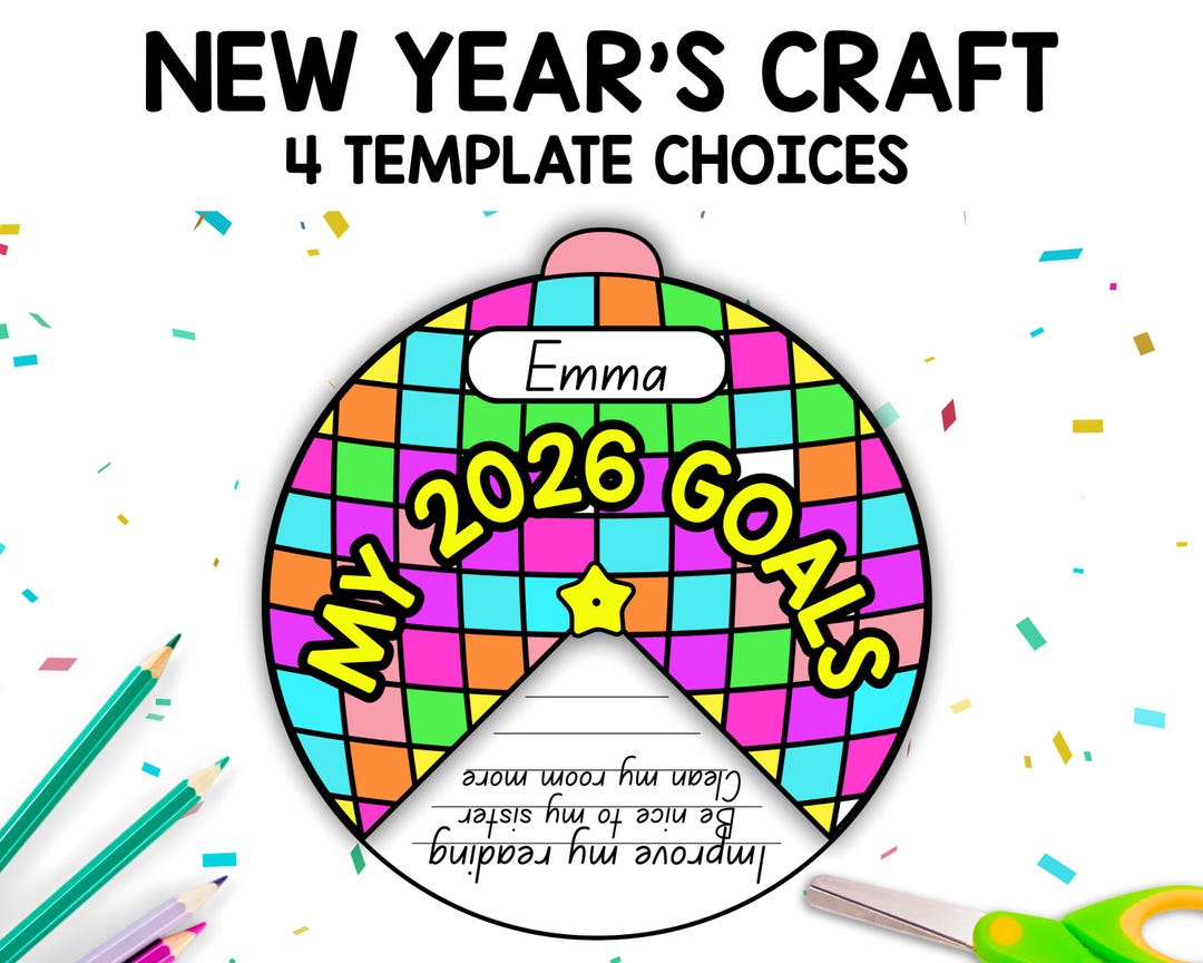 2026 New Year Goal Setting Worksheet for Kids, Disco Ball Craft, New ...
