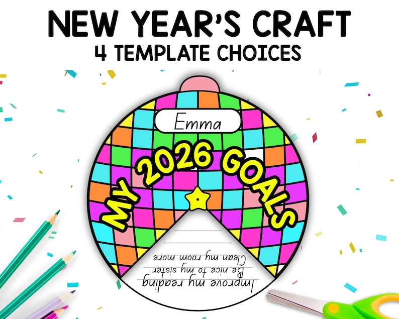 2026 New Year Goal Setting Worksheet for Kids, Disco Ball Craft, New ...