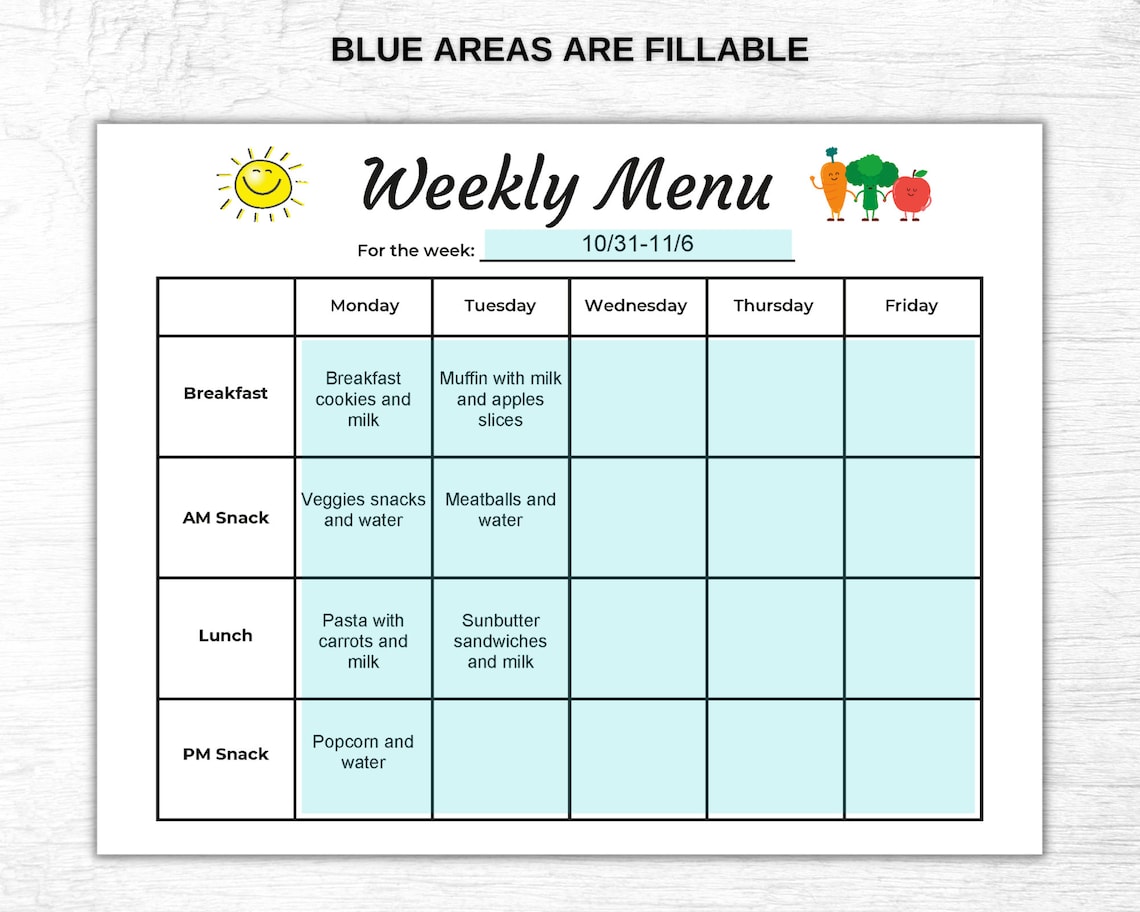 Editable Weekly Daycare Menu Preschool Menu Weekly Menu for - Etsy