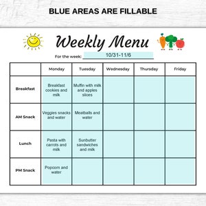 Editable Weekly Daycare Menu Preschool Menu Weekly Menu for - Etsy