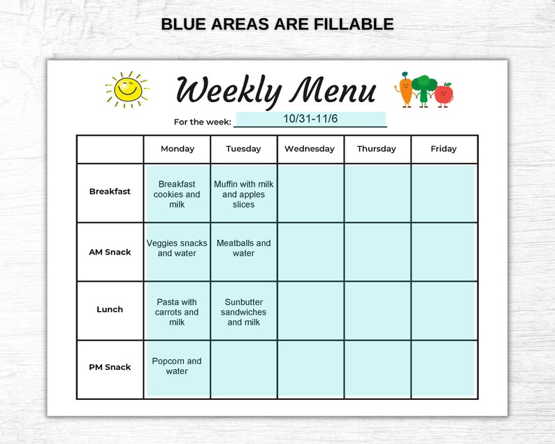 Editable Weekly Daycare Menu Preschool Menu Weekly Menu for - Etsy