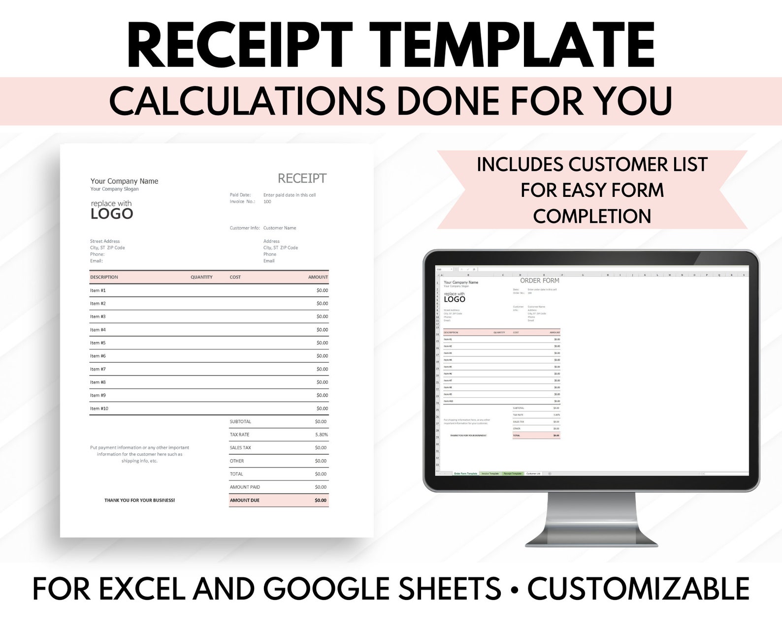 Receipt Template Order Receipt Excel Google Sheets - Etsy