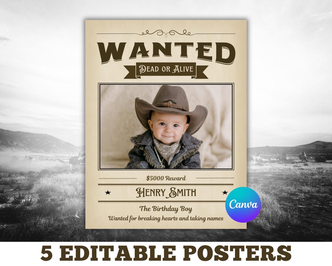 Editable Wanted Poster Template, 5 Canva Templates, Wild West Cowboy ...