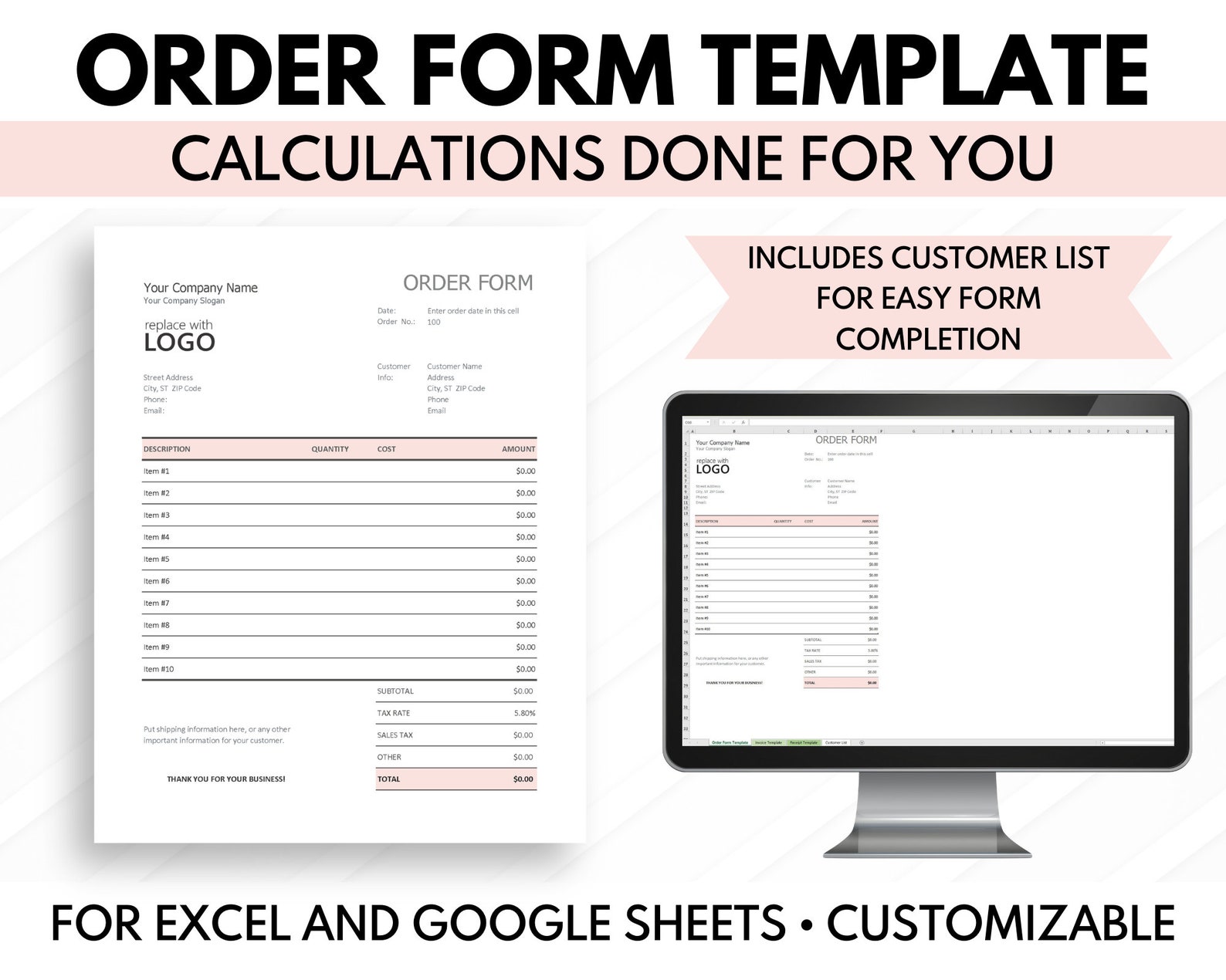 Order Form Template, Order Form Excel, Google Sheets - Calculations ...