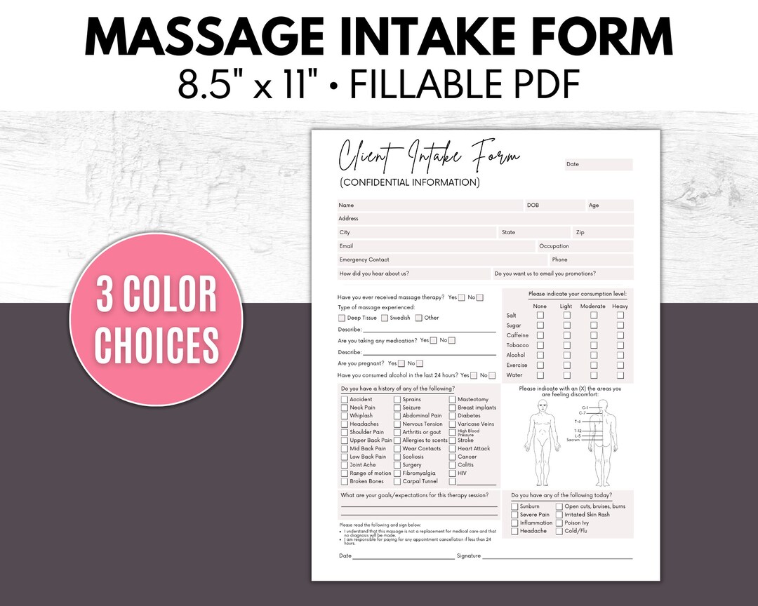 Massage Intake Form, Massage Consent Form, Massage Therapist ...