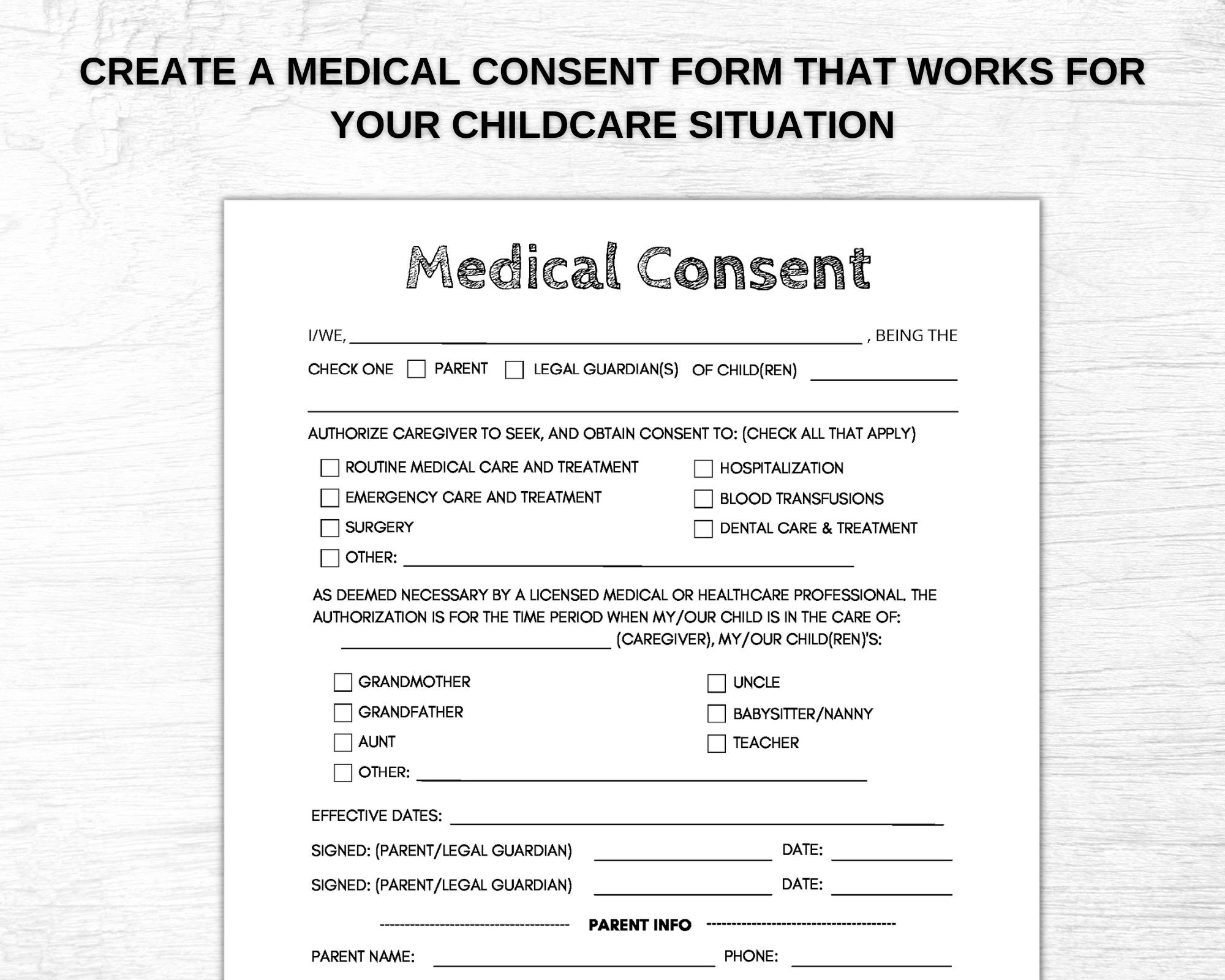 Childcare Medical Consent Form, Babysitter Information, Childcare ...