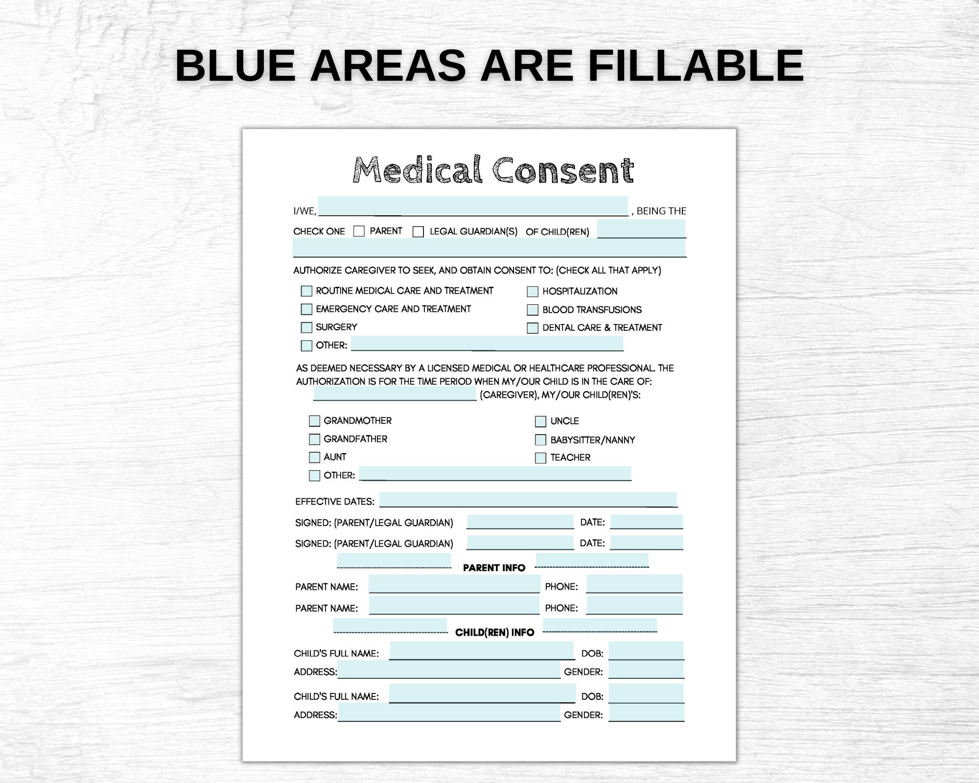 Childcare Medical Consent Form, Babysitter Information, Childcare ...