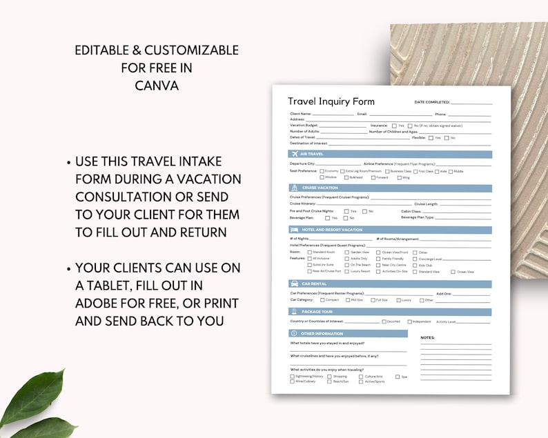 Travel Agent Client Intake Form, Travel Inquiry Form, Client Travel ...