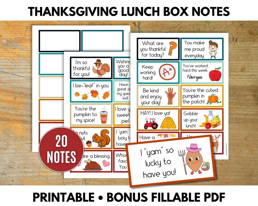 Thanksgiving Lunch Box Notes for Kids, Fall Lunchbox Notes, Lunchbox ...