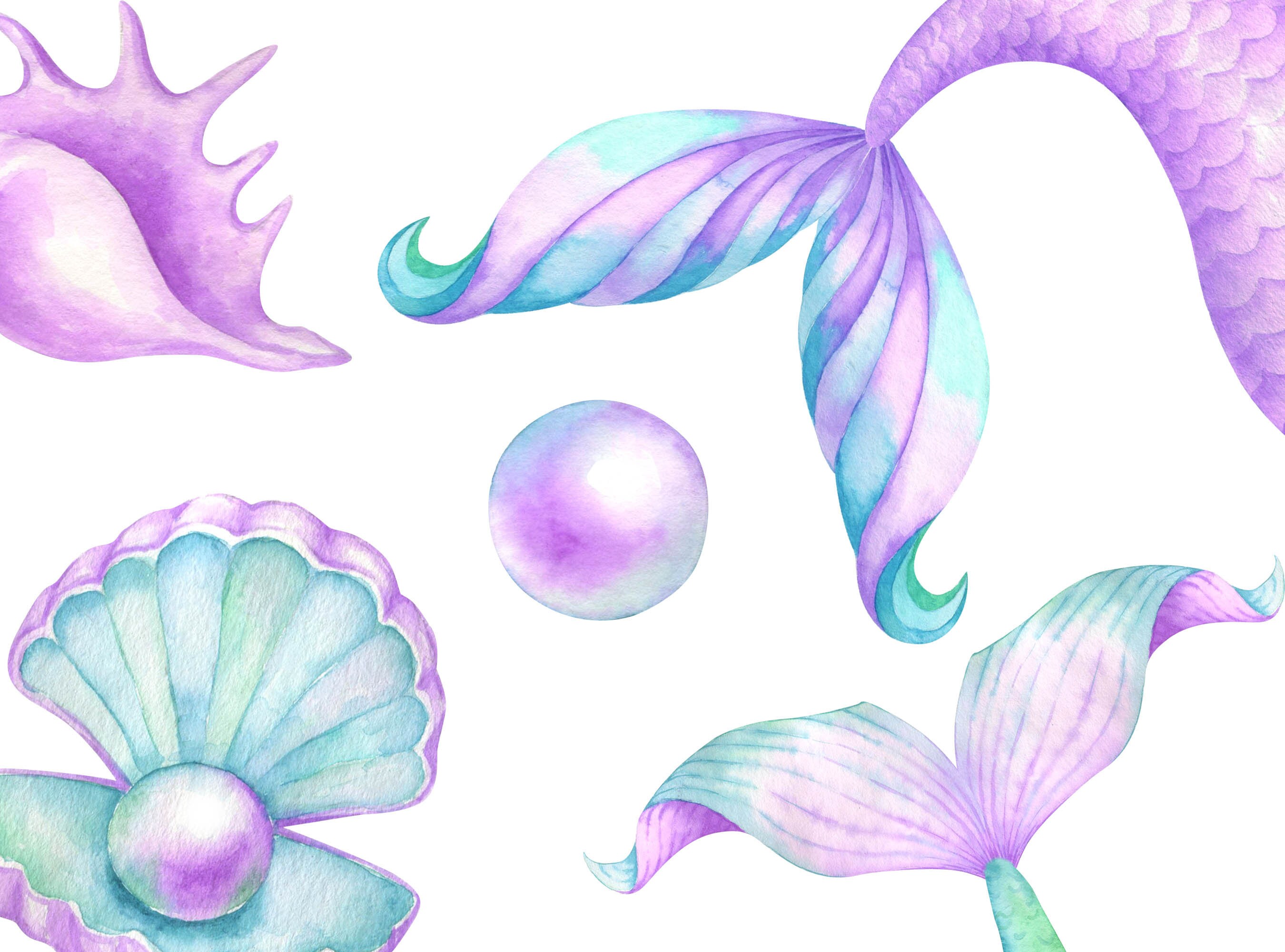 Watercolor Mermaid Tails Clipart Shells Waves Clip Art | Etsy